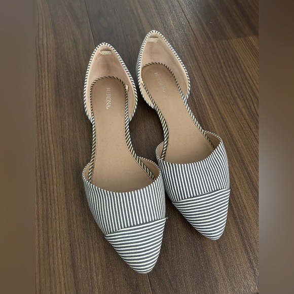 Shoes | White And Pale Blue Striped Flats | Poshmark